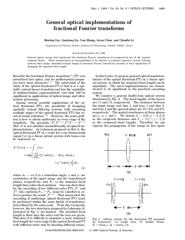 Pdf General Optical Implementations Of Fractional Fourier Transforms
