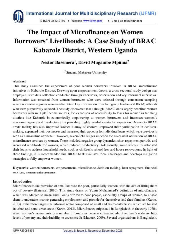 (PDF) The Impact of Microfinance on Women Borrowers’ Livelihoods: A Case Study of BRAC Kabarole ...