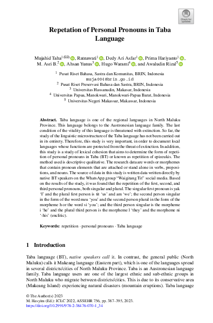 (PDF) Repetation of Personal Pronouns in Taba Language