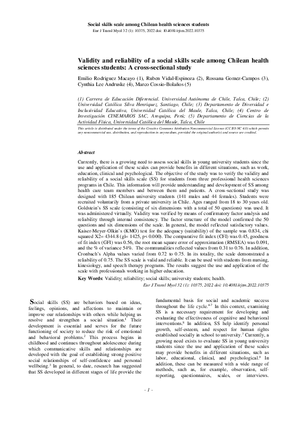 (PDF) Validity and reliability of a social skills scale among Chilean health sciences students ...