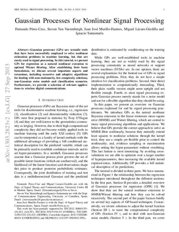 (PDF) Gaussian Processes for Nonlinear Signal Processing: An Overview of Recent Advances