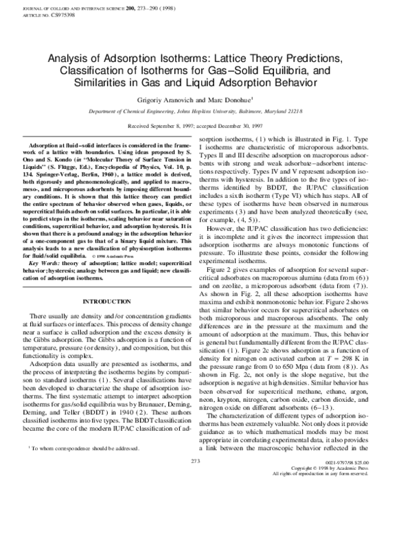 (PDF) Analysis of Adsorption Isotherms: Lattice Theory Predictions, Classification of Isotherms ...