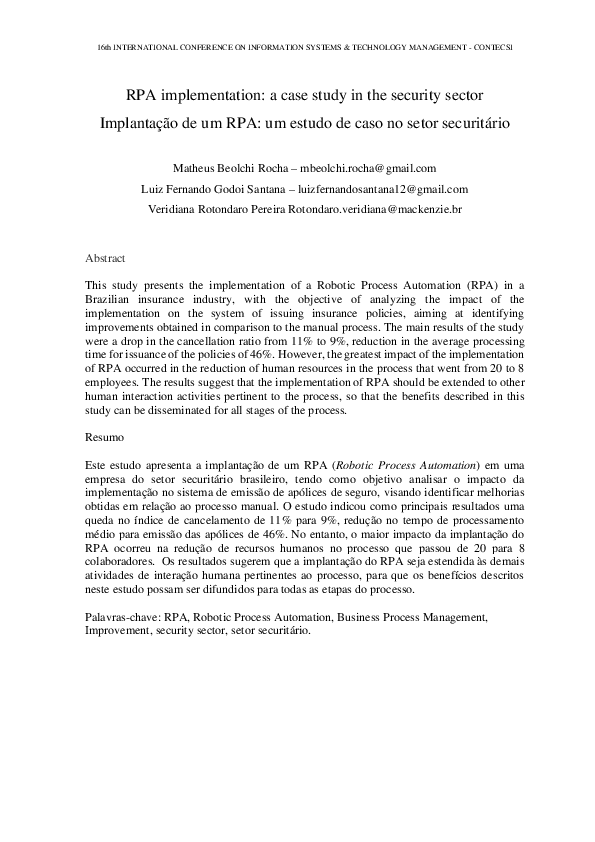 (PDF) Implantacao De Um Rpa: Um Estudo De Caso No Setor Securitario