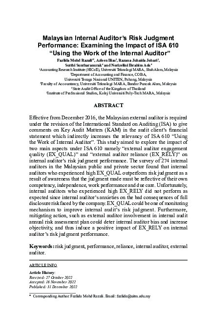 (PDF) Malaysian Internal Auditor’s Risk Judgment Performance: Examining ...