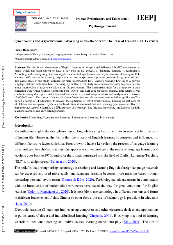 (PDF) Synchronous and Asynchronous E-learning and Self-concept: The Case of Iranian EFL Learners ...