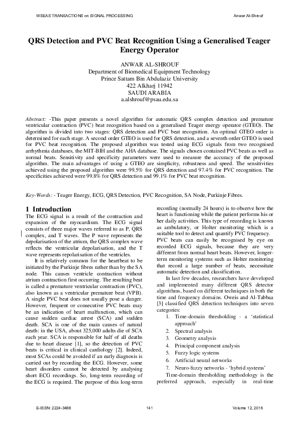 (PDF) GTEO-based QRS and PVC Beat Detection