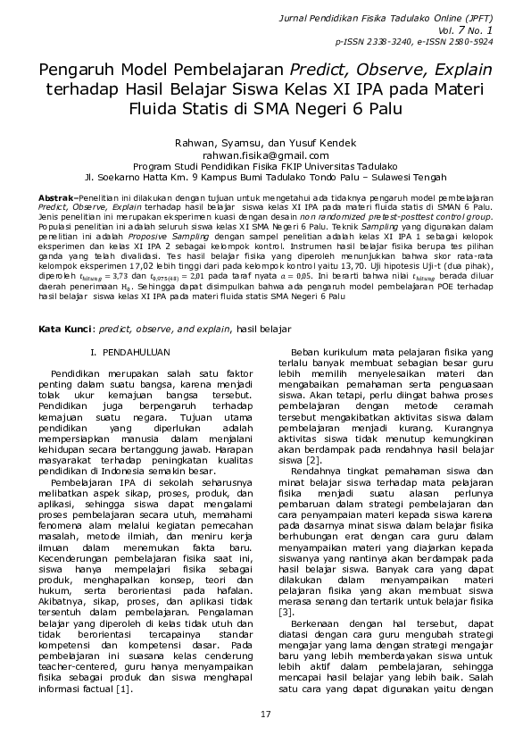 (PDF) Pengaruh model pembelajaran Predict Observe Explain berbantu Virtual Laboratorium terhadap ...