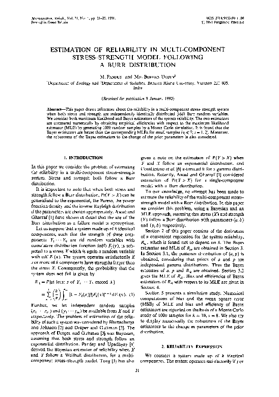 Pdf Estimation Of Reliability In A Multicomponent Stress Strength Model Based On A Marshall