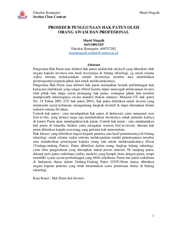 (PDF) Section Class Content Via OSF Lecture Murti Ningsih PROSEDUR PENGGUNAAN HAK PATEN OLEH ...