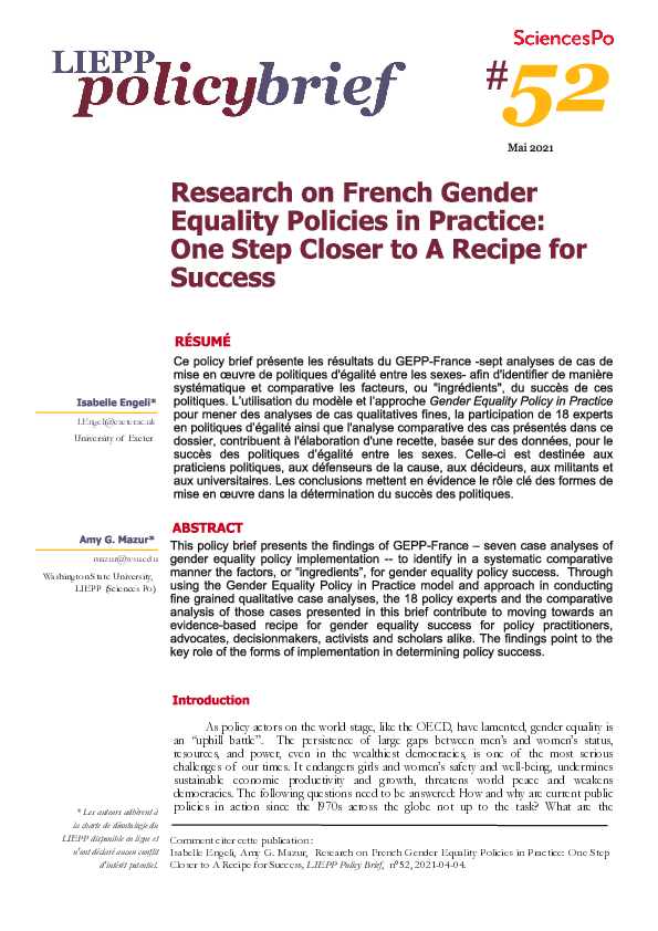 (PDF) Research on French Gender Equality Policies in Practice: One Step ...