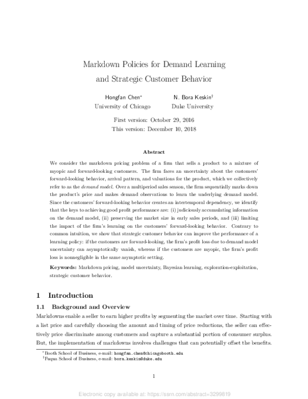 (PDF) Markdown Policies for Demand Learning and Strategic Customer Behavior