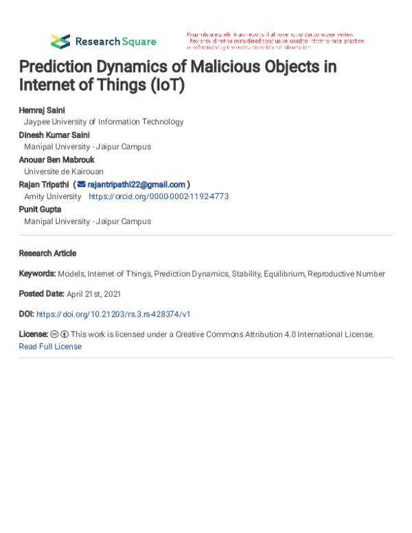 (PDF) Prediction Dynamics of Malicious Objects in Internet of Things (IoT)