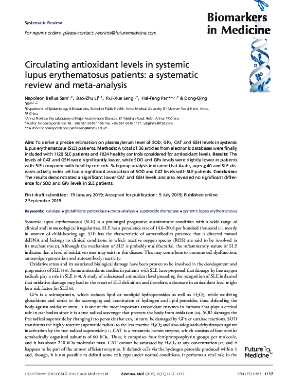 (PDF) Circulating antioxidant levels in systemic lupus erythematosus patients: a systematic ...