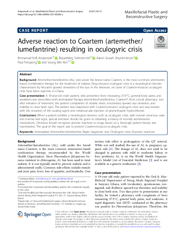 (PDF) Adverse reaction to Coartem (artemether/lumefantrine) resulting ...