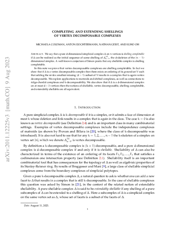 (PDF) Completing and extending shellings of vertex decomposable complexes