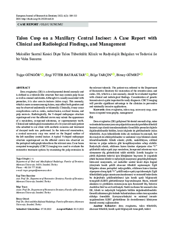 (PDF) Talon Cusp on a Maxillary Central Incisor: A Case Report with ...