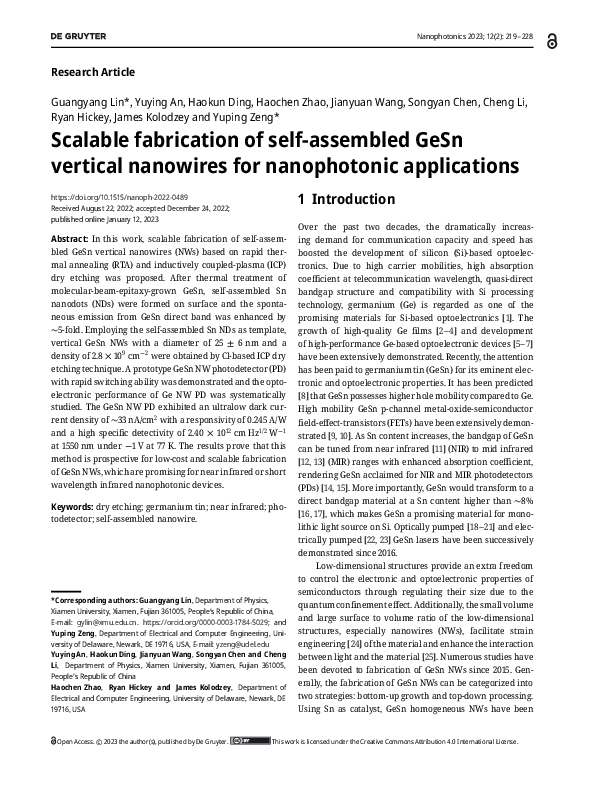 (PDF) Scalable fabrication of self-assembled GeSn vertical nanowires ...