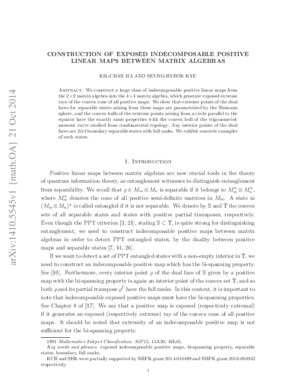 (PDF) Construction of exposed indecomposable positive linear maps between matrix algebras