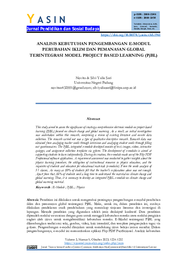 (PDF) Analisis Kebutuhan Pengembangan E-Modul Perubahan Iklim dan Pemanasan Global Terintegrasi ...