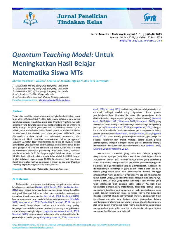 (PDF) Quantum Teaching Model: Untuk Meningkatkan Hasil Belajar Matematika Siswa MTs