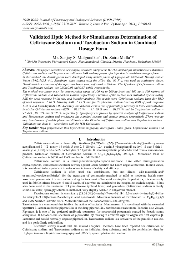 Pdf Validated Hptlc Method For Simultaneous Determination Of Ceftriaxone Sodium And Tazobactam