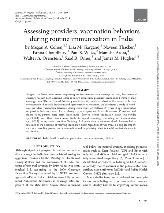 (PDF) Assessing providers’ vaccination behaviors during routine immunization in India
