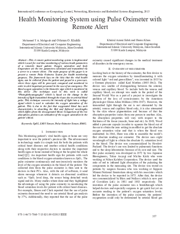 (PDF) Health monitoring system using Pulse Oximeter with remote alert