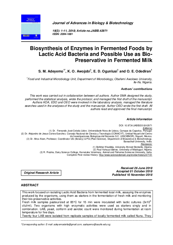 (PDF) Biosynthesis of Enzymes in Fermented Foods by Lactic Acid ...