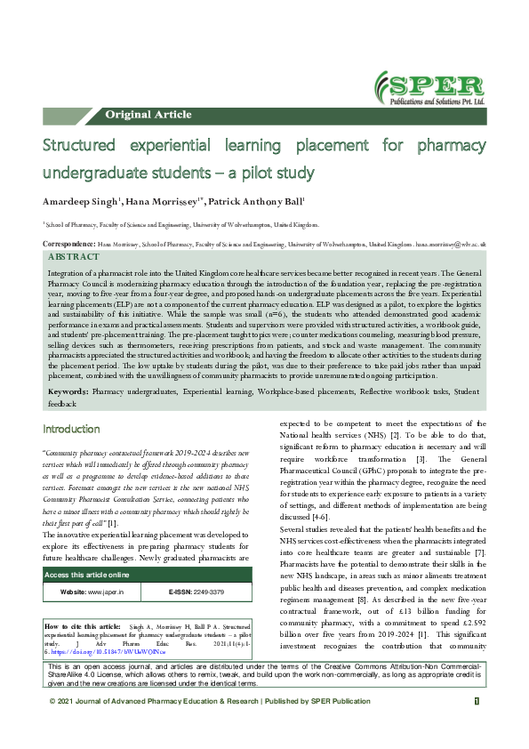 (PDF) Structured experiential learning placement for pharmacy ...