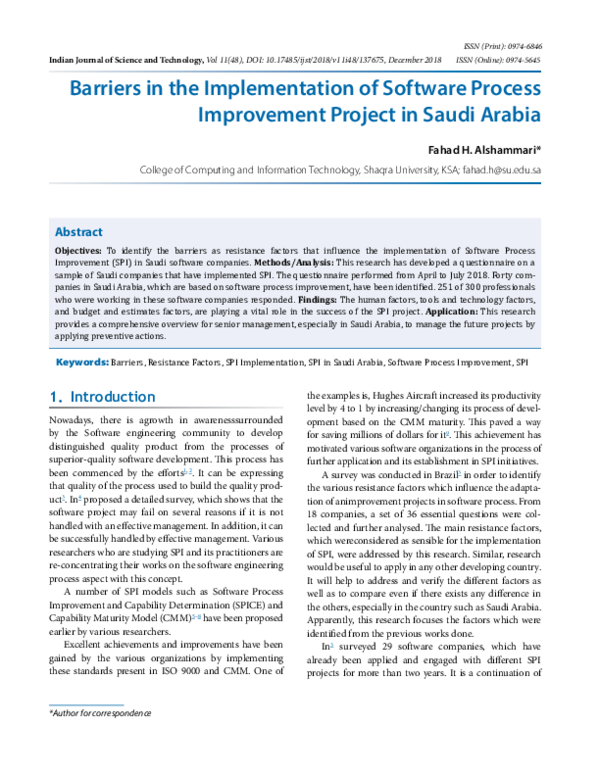 (PDF) Barriers in the Implementation of Software Process Improvement Project in Saudi Arabia