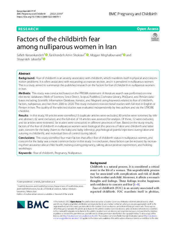 (PDF) Factors of The Childbirth Fear Among Nulliparous Women In Iran