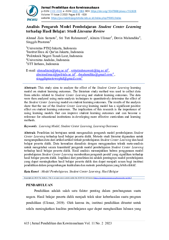 (PDF) Analisis Pengaruh Model Pembelajaran Student Center Learning terhadap Hasil Belajar: Studi ...