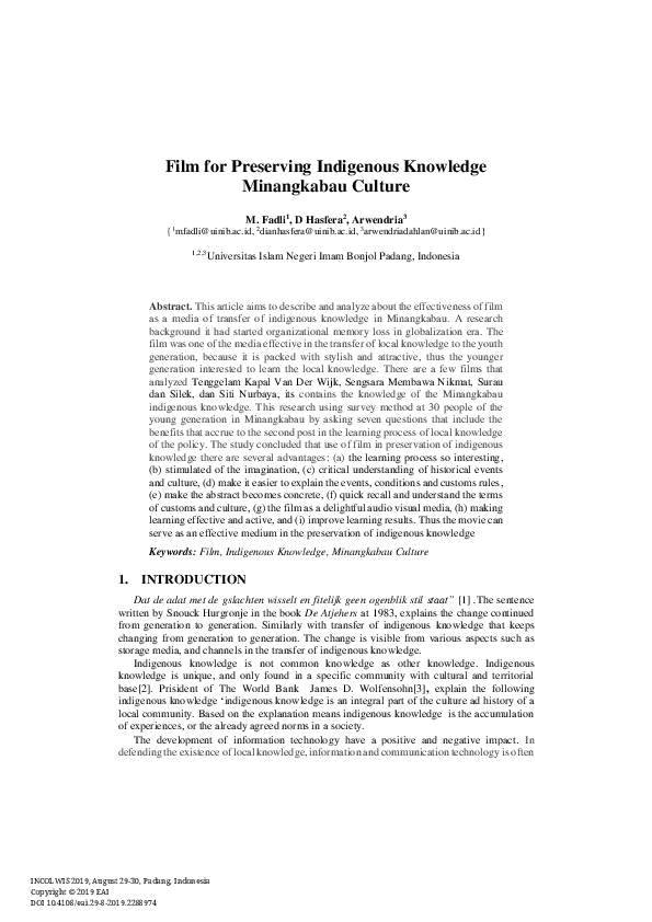 (PDF) Film for Preserving Indigenous Knowledge Minangkabau Culture