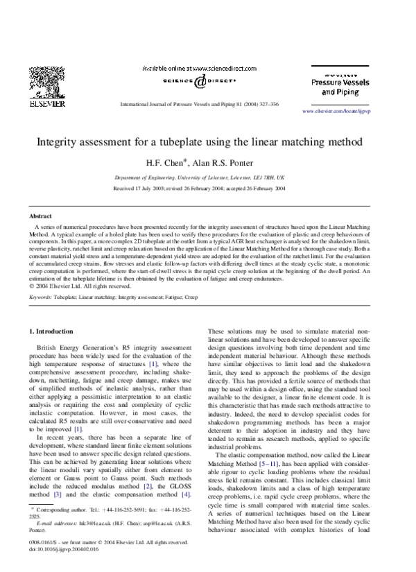 (PDF) Integrity assessment for a tubeplate using the linear matching method