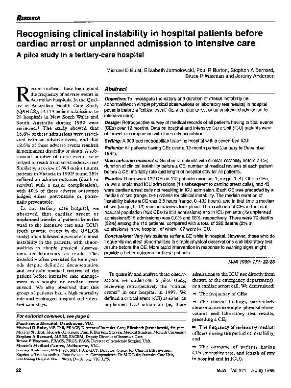 (PDF) Recognising clinical instability in hospital patients before ...