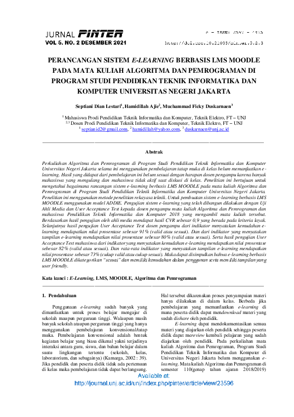 (PDF) Perancangan Sistem E-Learning Berbasis LMS Moodle Pada Mata Kuliah Algoritma Dan ...