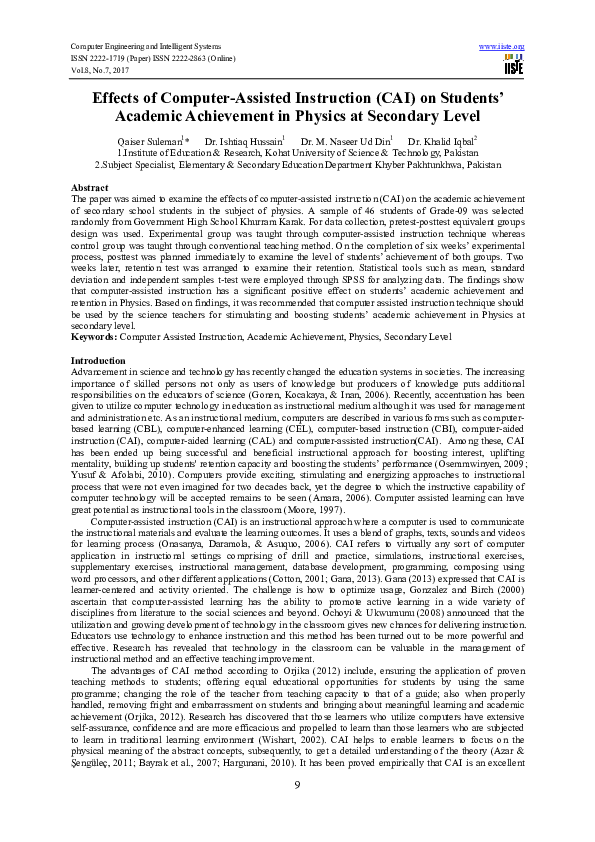 (PDF) Effects of Computer-Assisted Instruction (CAI) on Students’ Academic Achievement in ...