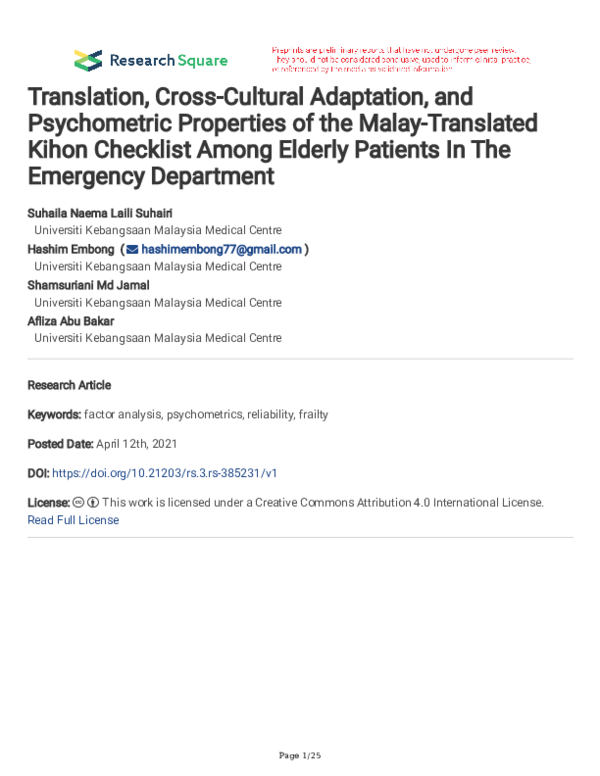(PDF) Translation, Cross-Cultural Adaptation, and Psychometric Properties of the Malay ...