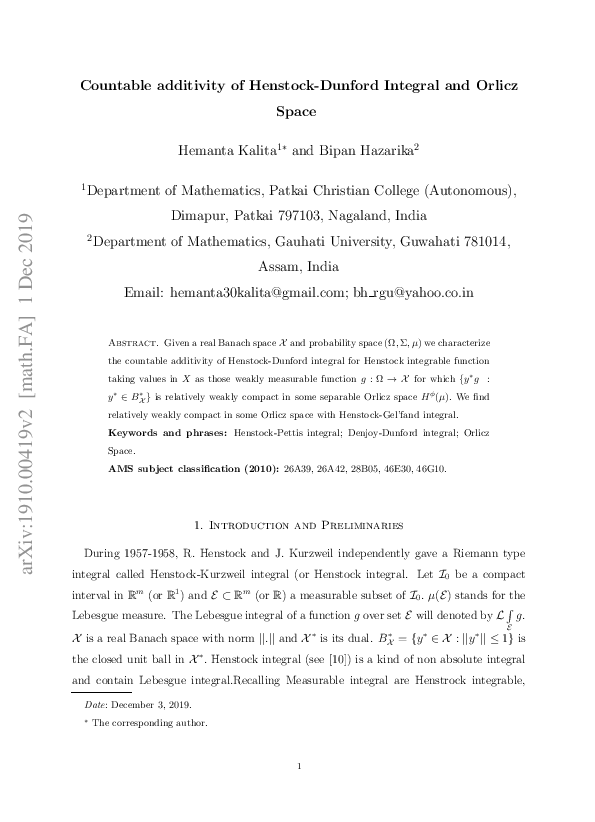 (PDF) Countable additivity of Henstock-Dunford Integral and Orlicz Space