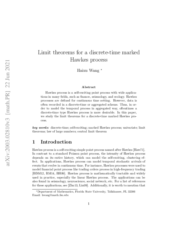 (PDF) Limit theorems for a discrete-time Hawkes process | Haixu Wang - Academia.edu