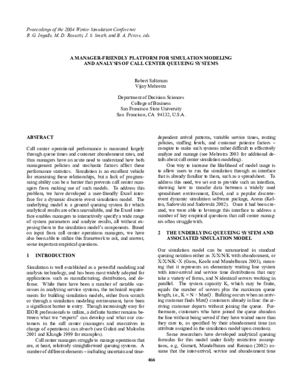 Pdf A Manager Friendly Platform For Simulation Modeling And Analysis Of Call Center Queueing