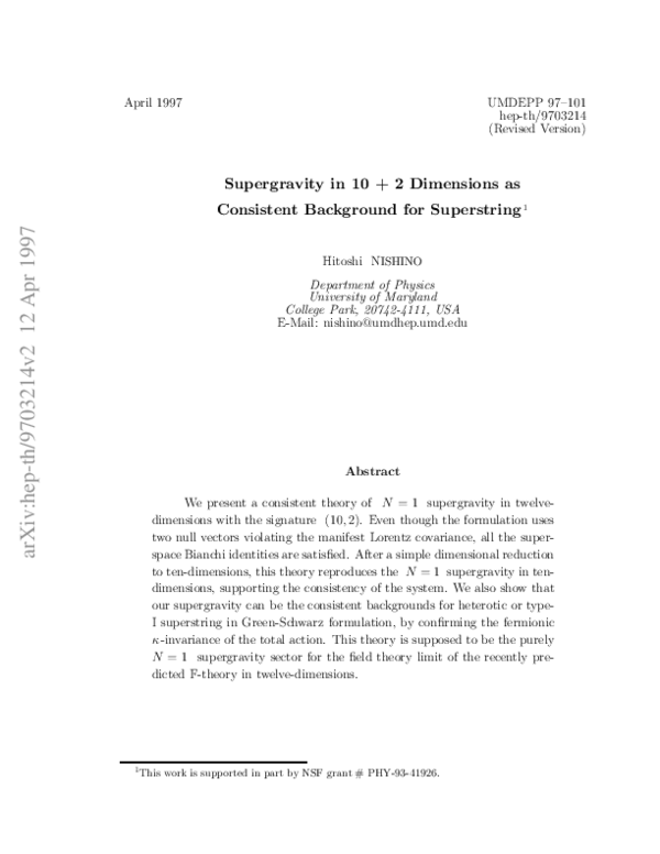 (PDF) Supergravity in 10 + 2 dimensions as consistent background for superstring | Hitoshi ...