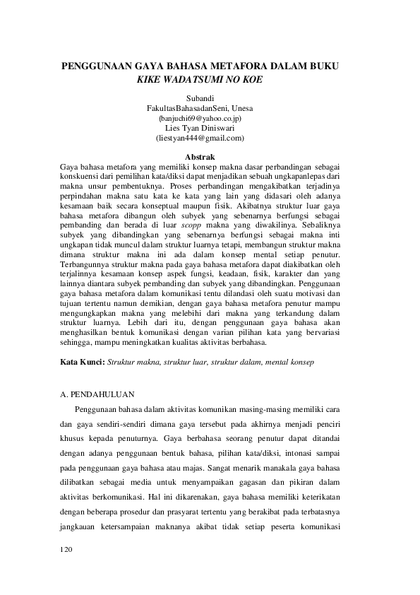 (PDF) Penggunaan Gaya Bahasa Metafora Dalam Buku Kike Wadatsumi No Koe