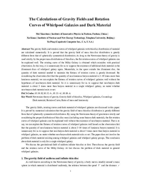 (PDF) The Calculations of Gravity Fields and Rotation Curves of Whirlpool Galaxies and Dark Material