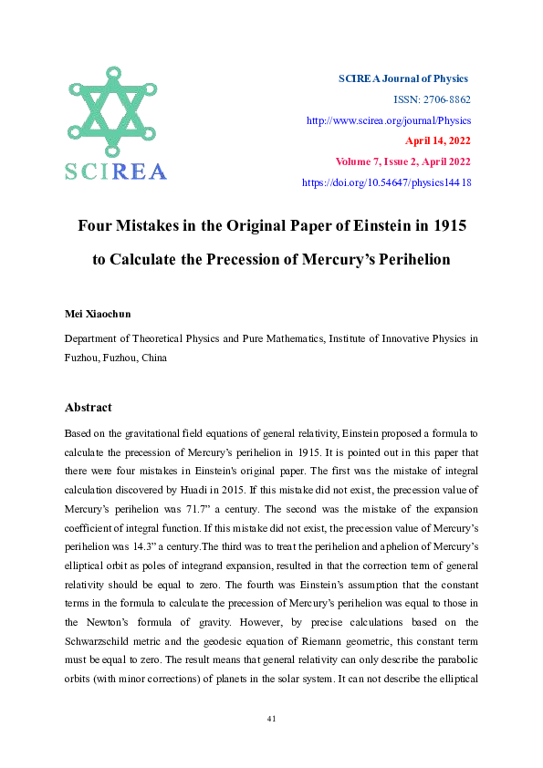 (PDF) Four Mistakes in the Original Paper of Einstein in 1915 to ...