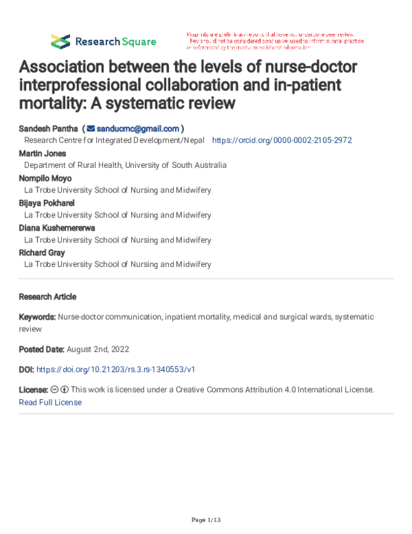 (PDF) Association between the levels of nurse-doctor interprofessional collaboration and in ...