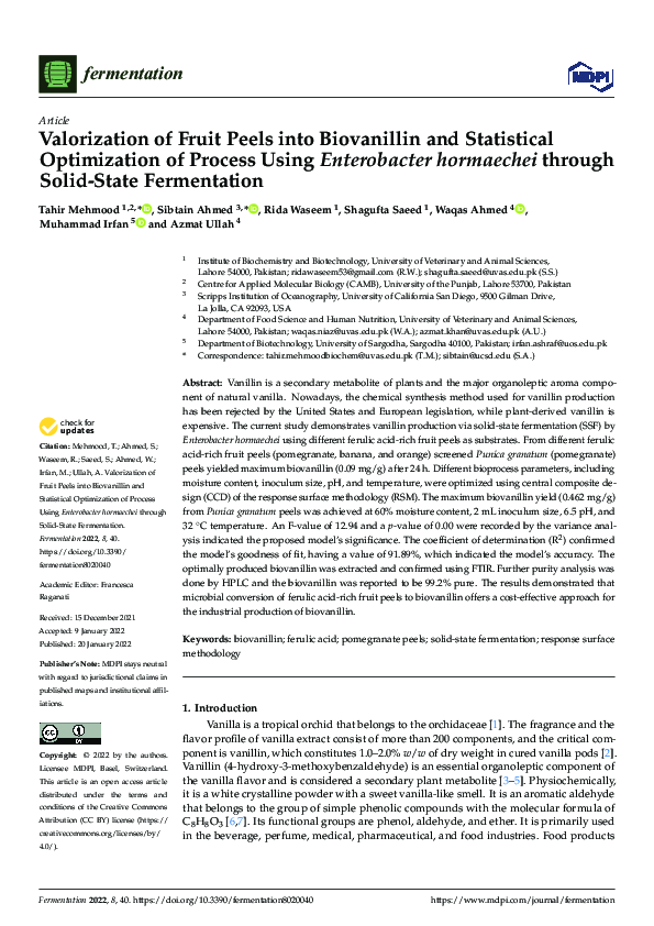 (PDF) Valorization of Fruit Peels into Biovanillin and Statistical Optimization of Process Using ...