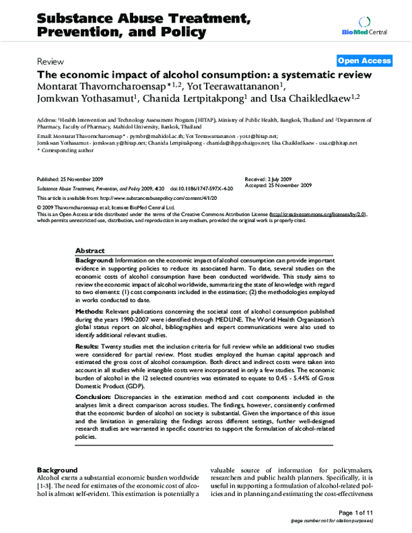 (PDF) The economic impact of alcohol consumption: a systematic review