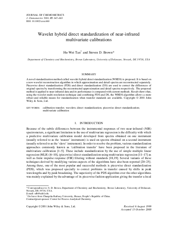 (PDF) Wavelet hybrid direct standardization of near-infrared multivariate calibrations