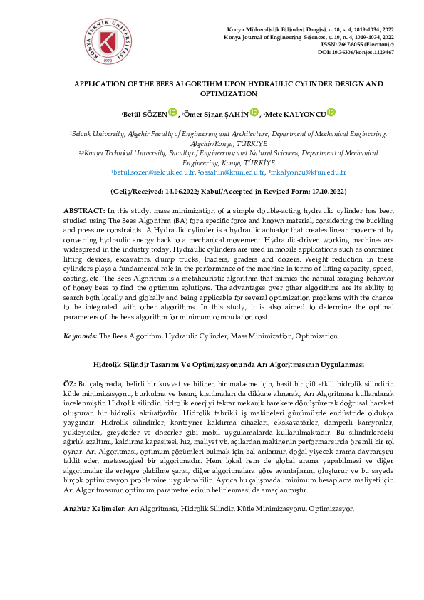 (PDF) Application of the Bees Algortihm Upon Hydraulic Cylinder Design and Optimization